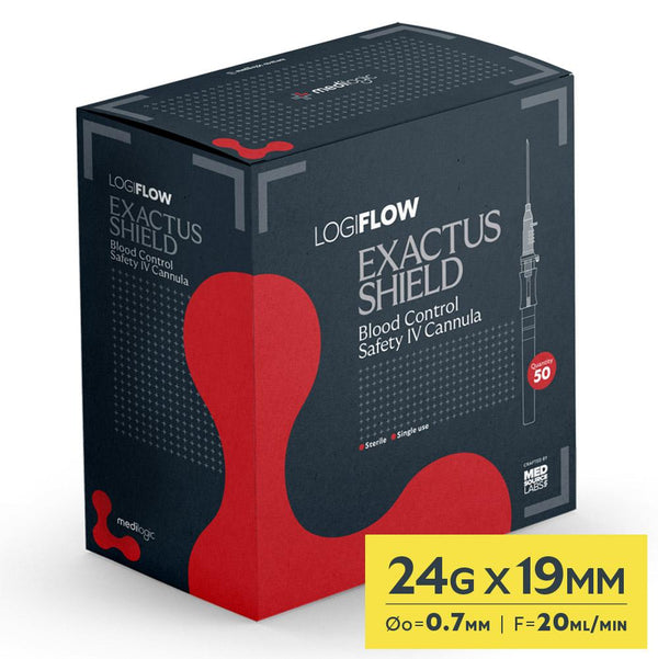 LOGIFLOW Exactus Shield BC Safety IV Cannula Yellow 24G x 19mm - Box